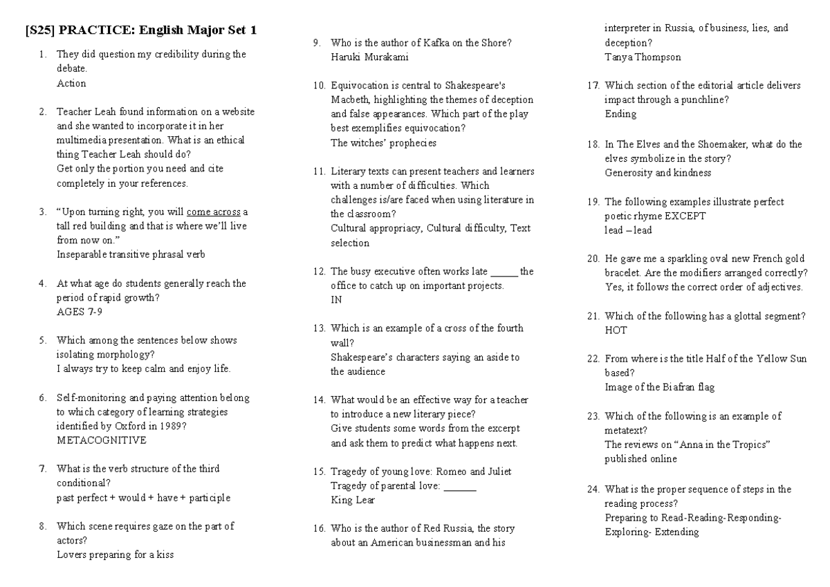 S25: English Major Practice Questions Set 1 - Studocu