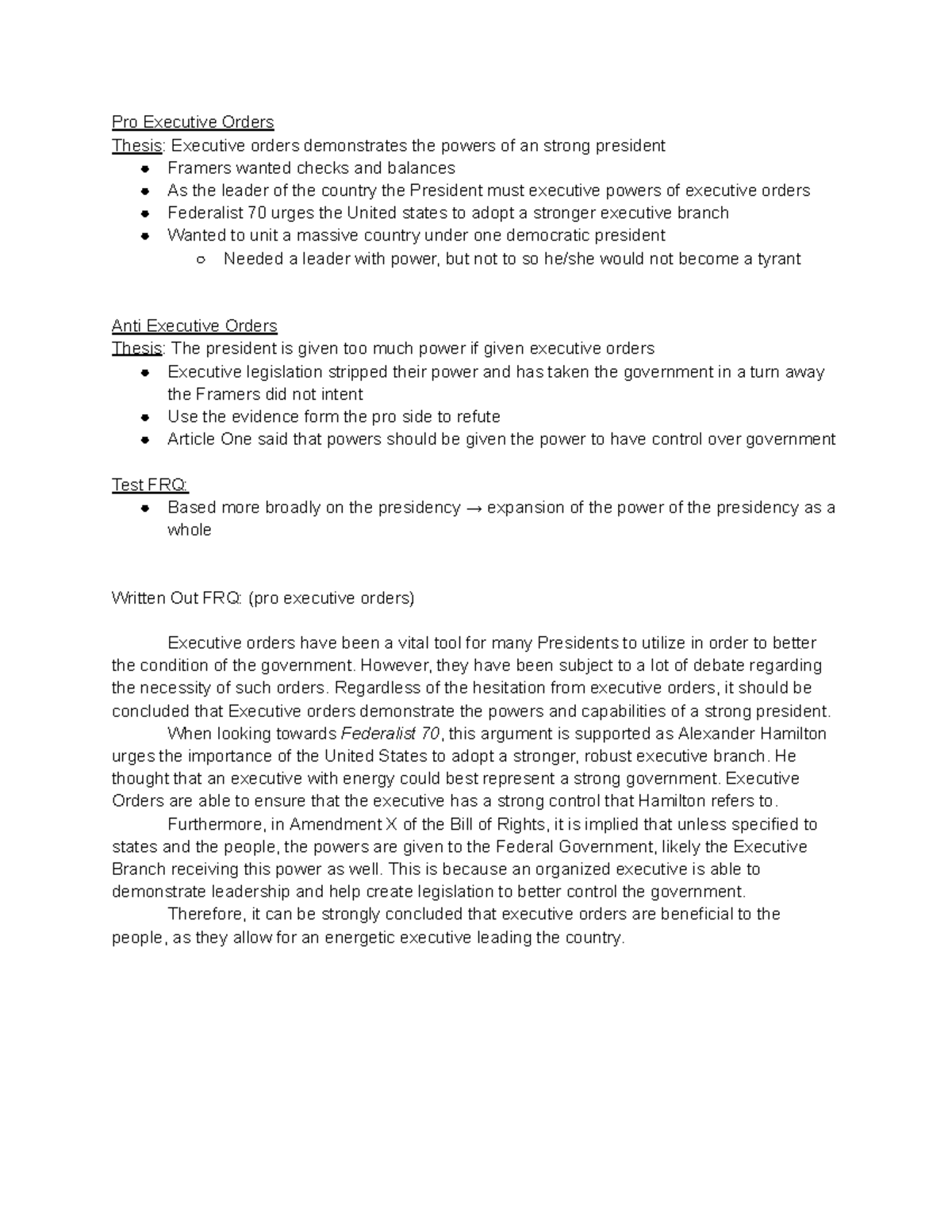 FRQ Argumentative Essay on Executive Orders: Pro & Anti Perspectives ...