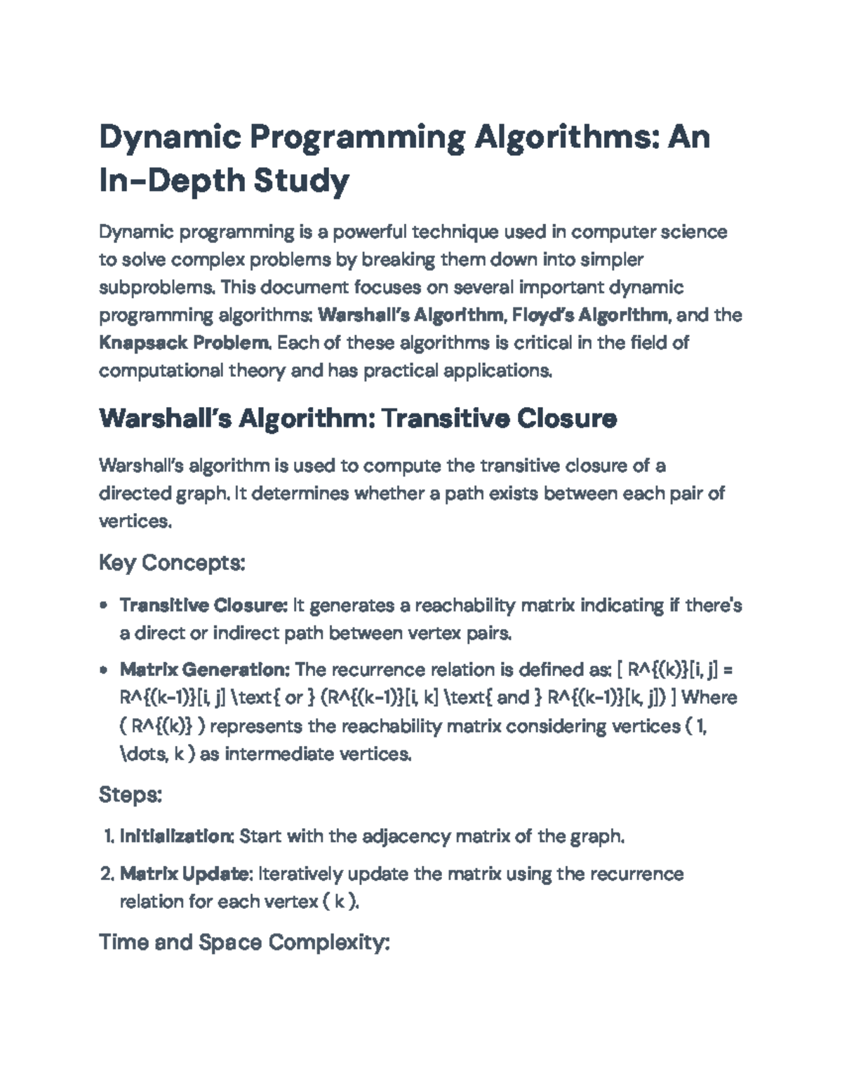 Dynamic Programming Algorithms: Warshall, Floyd, and Knapsack Analysis ...