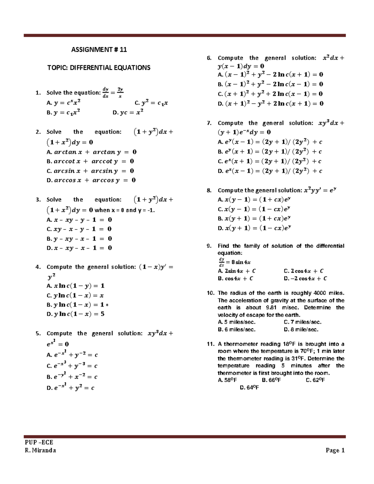 PUP – ECE: Differential Equations Assignment #11 Solutions - Studocu