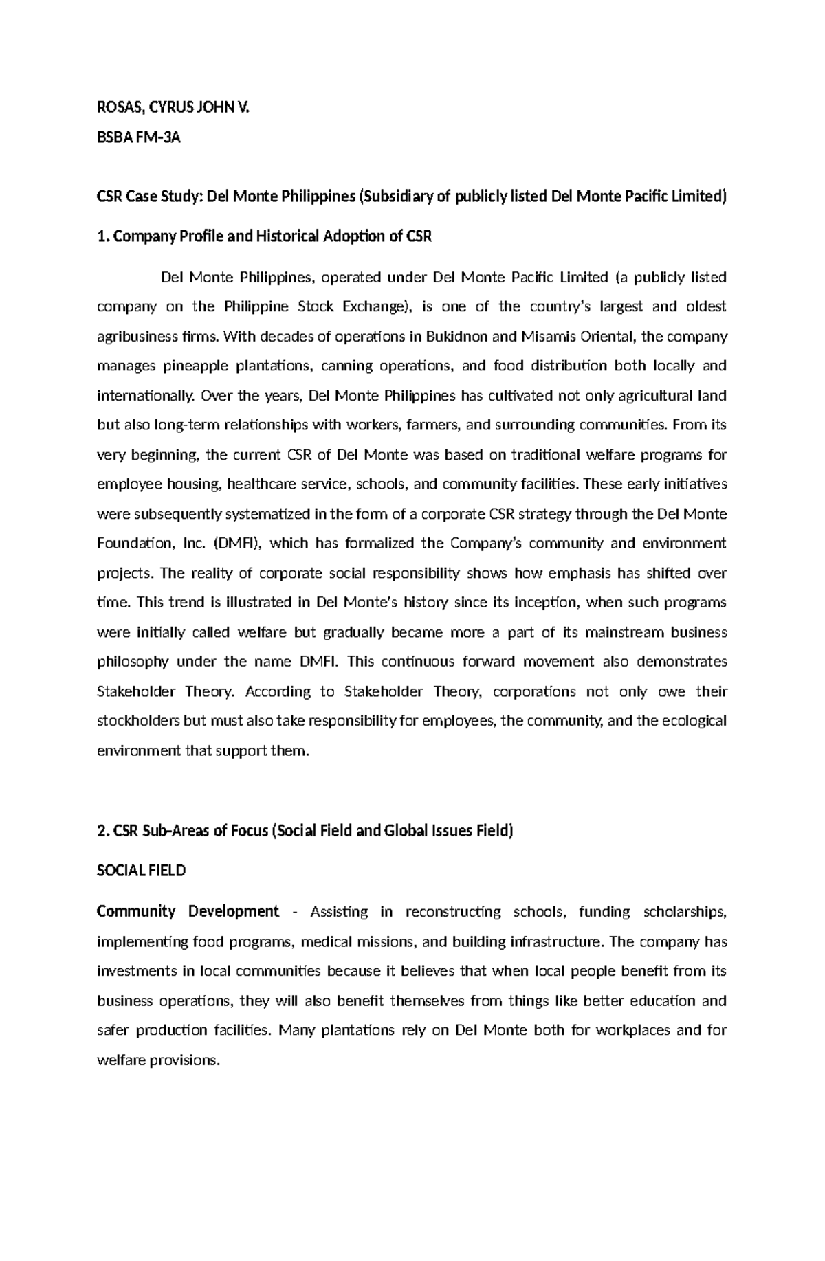 BSBA CSR Case Study: Del Monte Philippines' Social Impact and ...