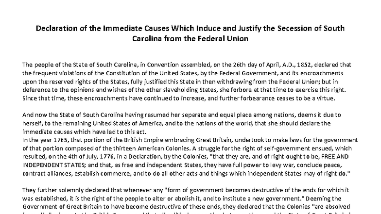 Declaration of Immediate Causes for SC Secession from the Union - Studocu