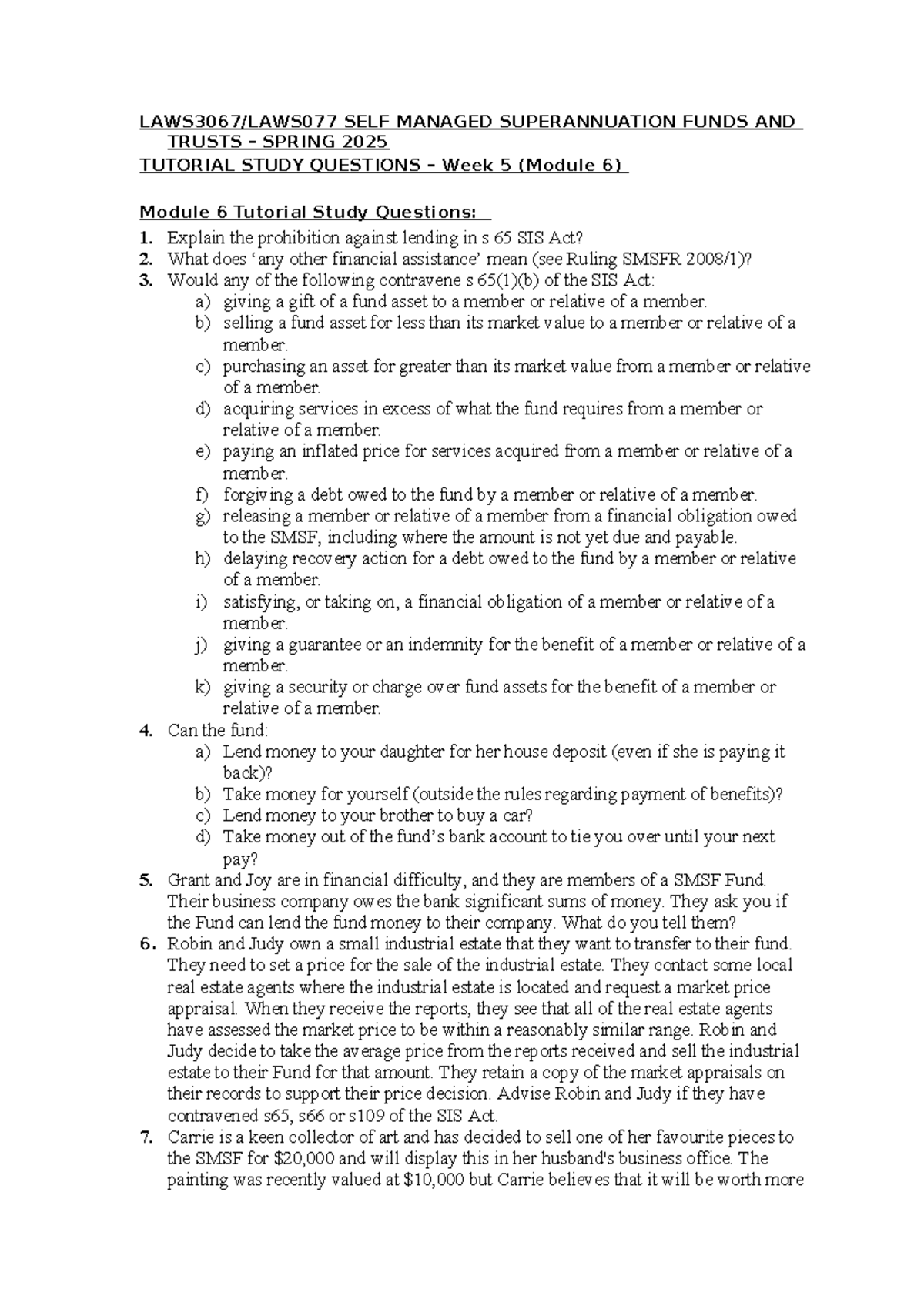 SMSF & Trusts Tutorial Questions - Spring 2025 (Module 6, Week 5) - Studocu