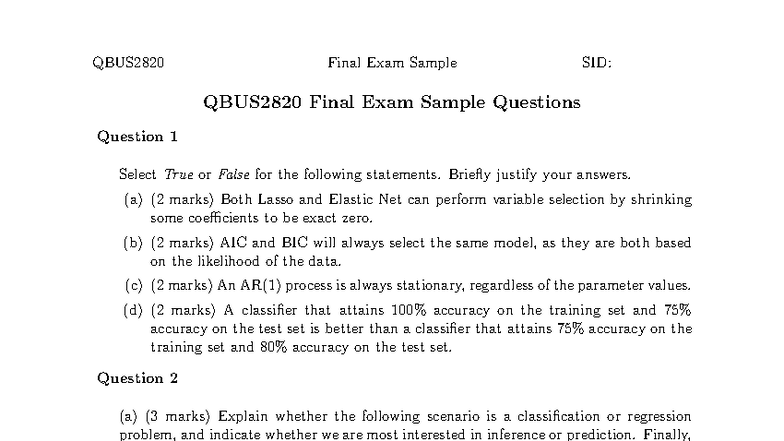 Exam Sample 2 - Example Exam 2 - QBUS2820 Final Exam Sample SID ...