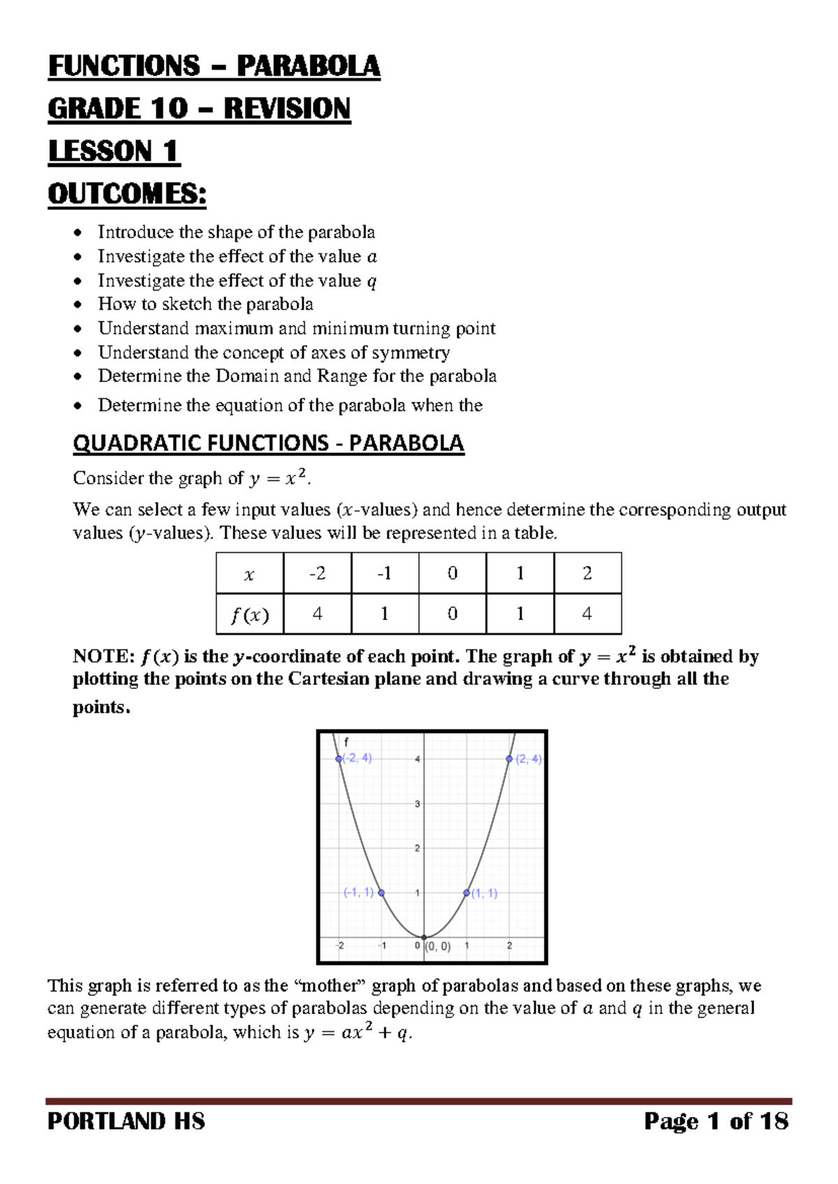 11 M Functions Lesson 1 - Straight LINE AND Parabola 2024 - FUNCTIONS – PARABOLA GRADE 10 ...