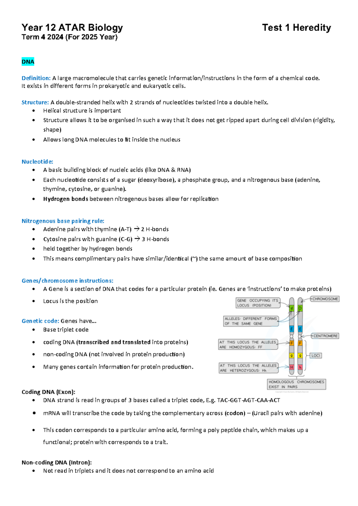 Year 12 ATAR Biology Test 1: Heredity Overview and Key Concepts - Studocu