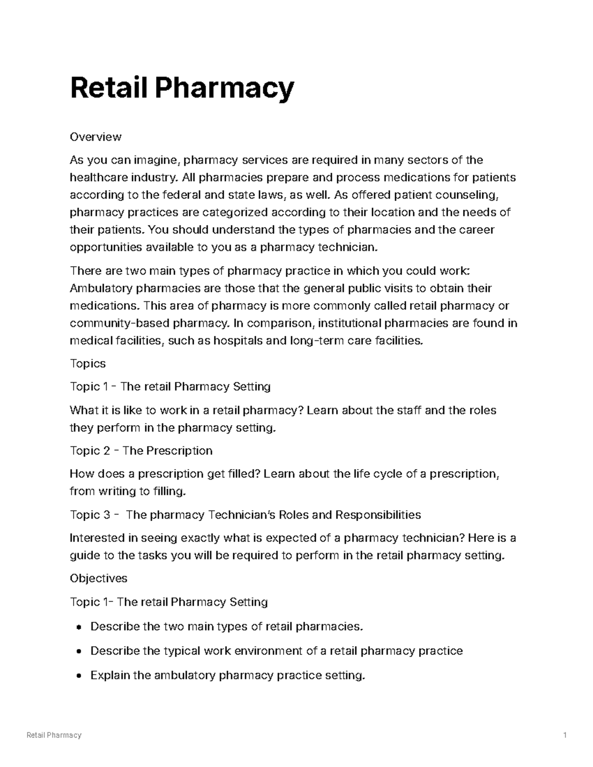 Retail Pharmacy Overview: Processes, Roles, and Responsibilities - Studocu