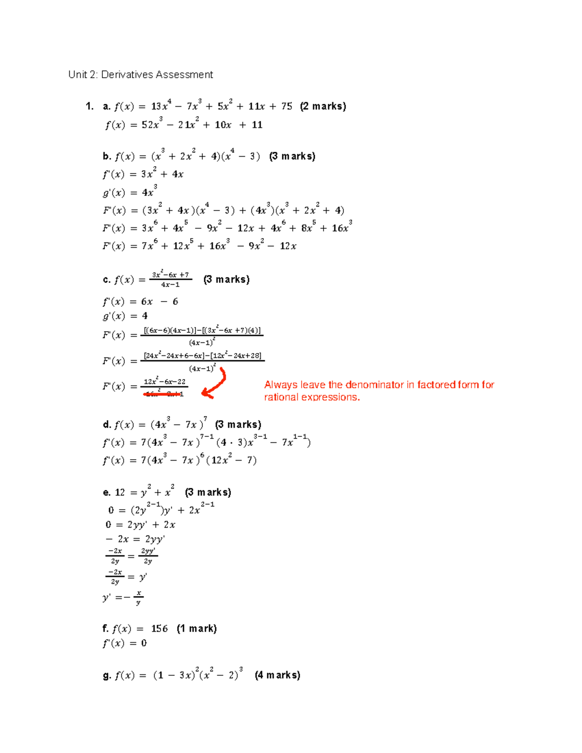 MCV4U Unit 2 Derivatives Assessment and Solutions - Studocu
