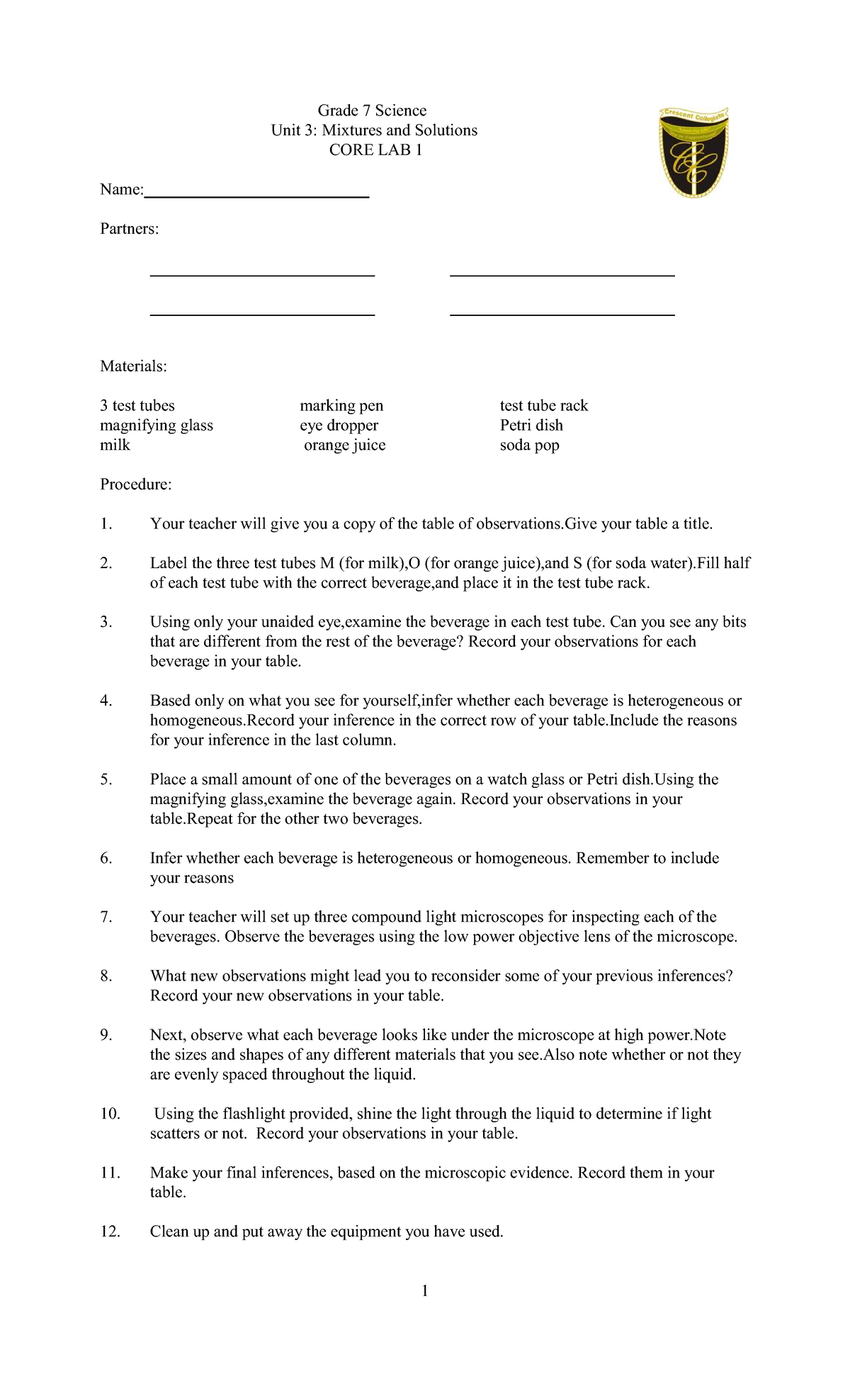 Grade 7 Science Unit 3: Mixtures & Solutions CORE LAB 1 Observations ...