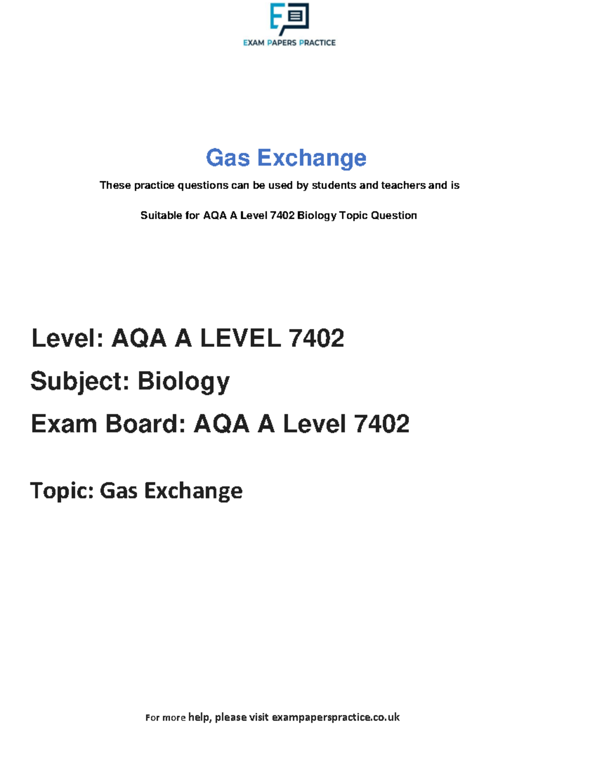 AQA A Level 7402 Biology: Gas Exchange Revision Questions - Studocu