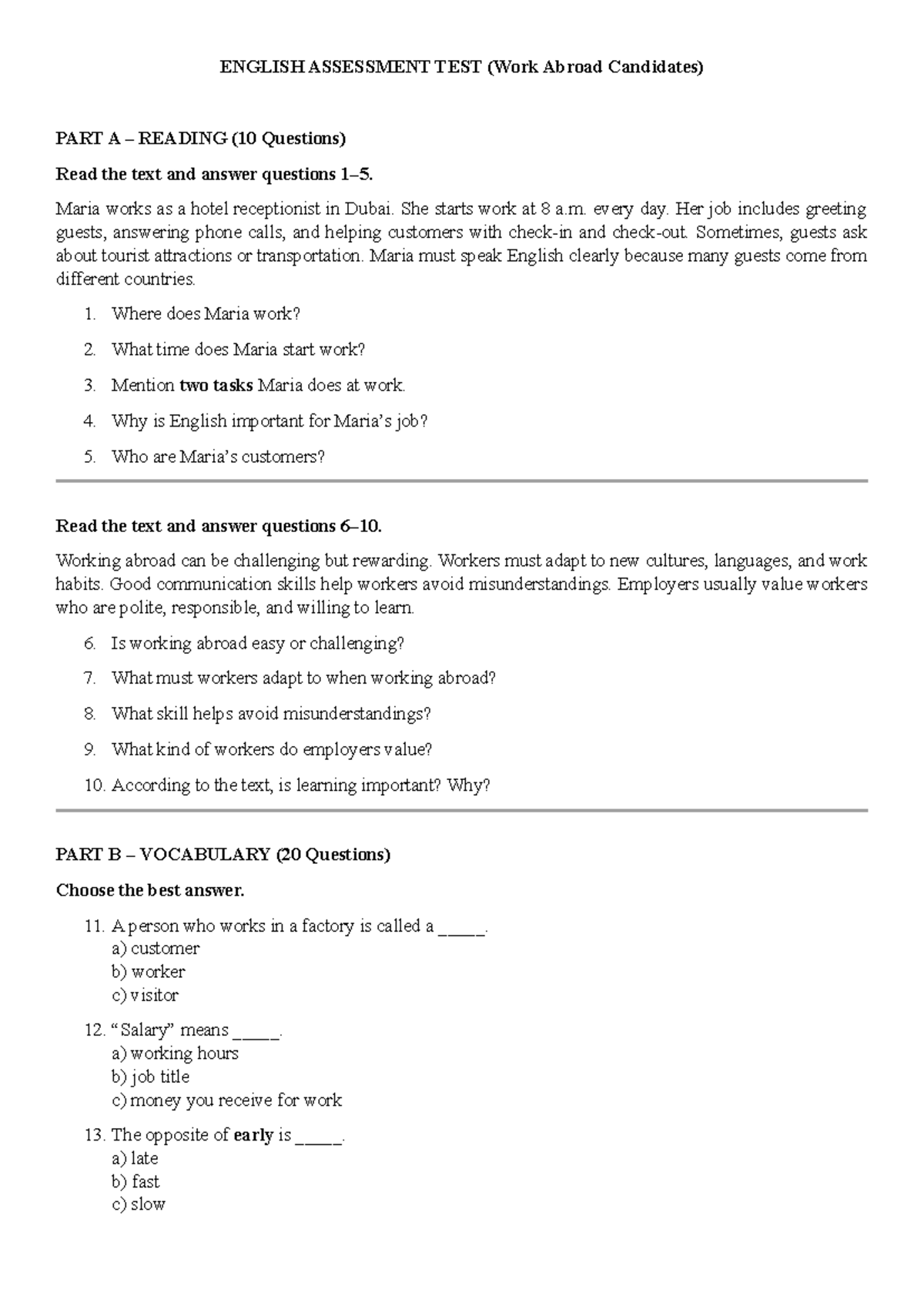 ENGLISH ASSESSMENT TEST (Work Abroad Candidates) - Reading & Vocabulary ...