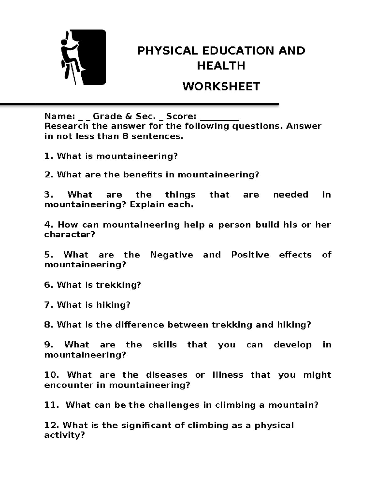 PE Worksheet - PHYSICAL EDUCATION AND HEALTH WORKSHEET Name: _ _ Grade ...