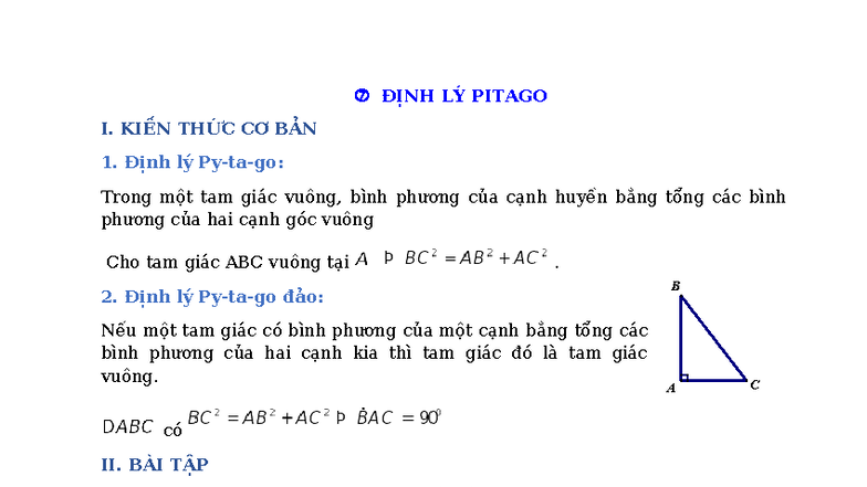 ĐỊNH LÝ PITAGO VÀ BÀI TẬP ÔN THI TOÁN 8 - Studocu