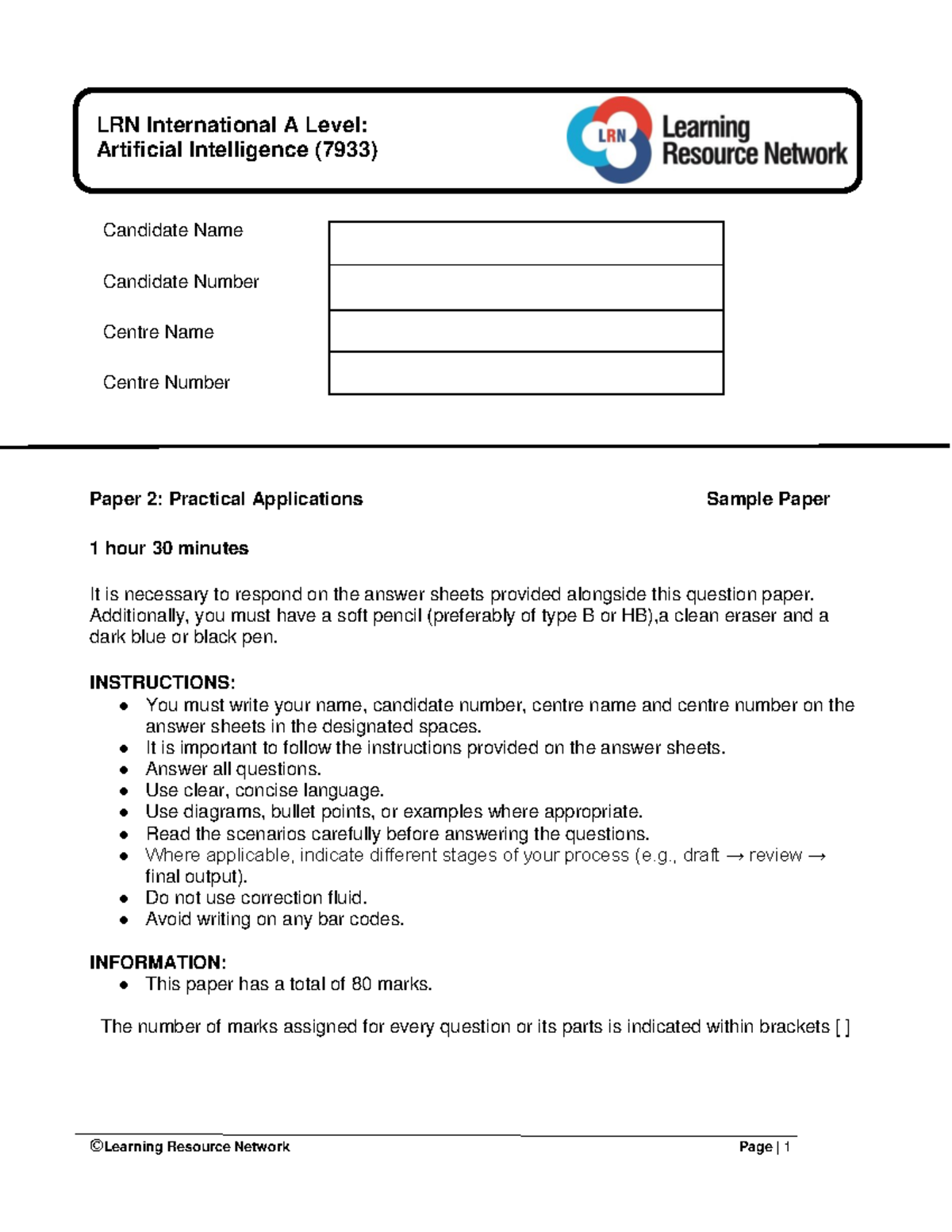 LRN International A Level AI (7933) Sample Paper 2: Practical ...