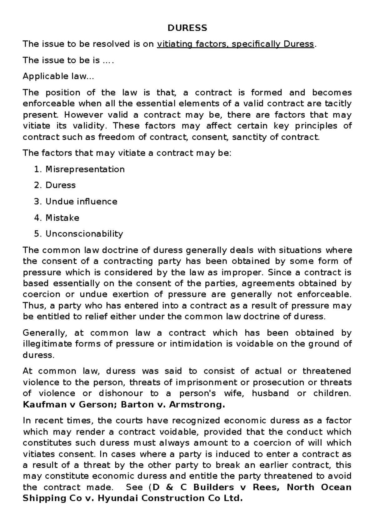 Duress in Contract Law: Vitiating Factors Explained - Studocu