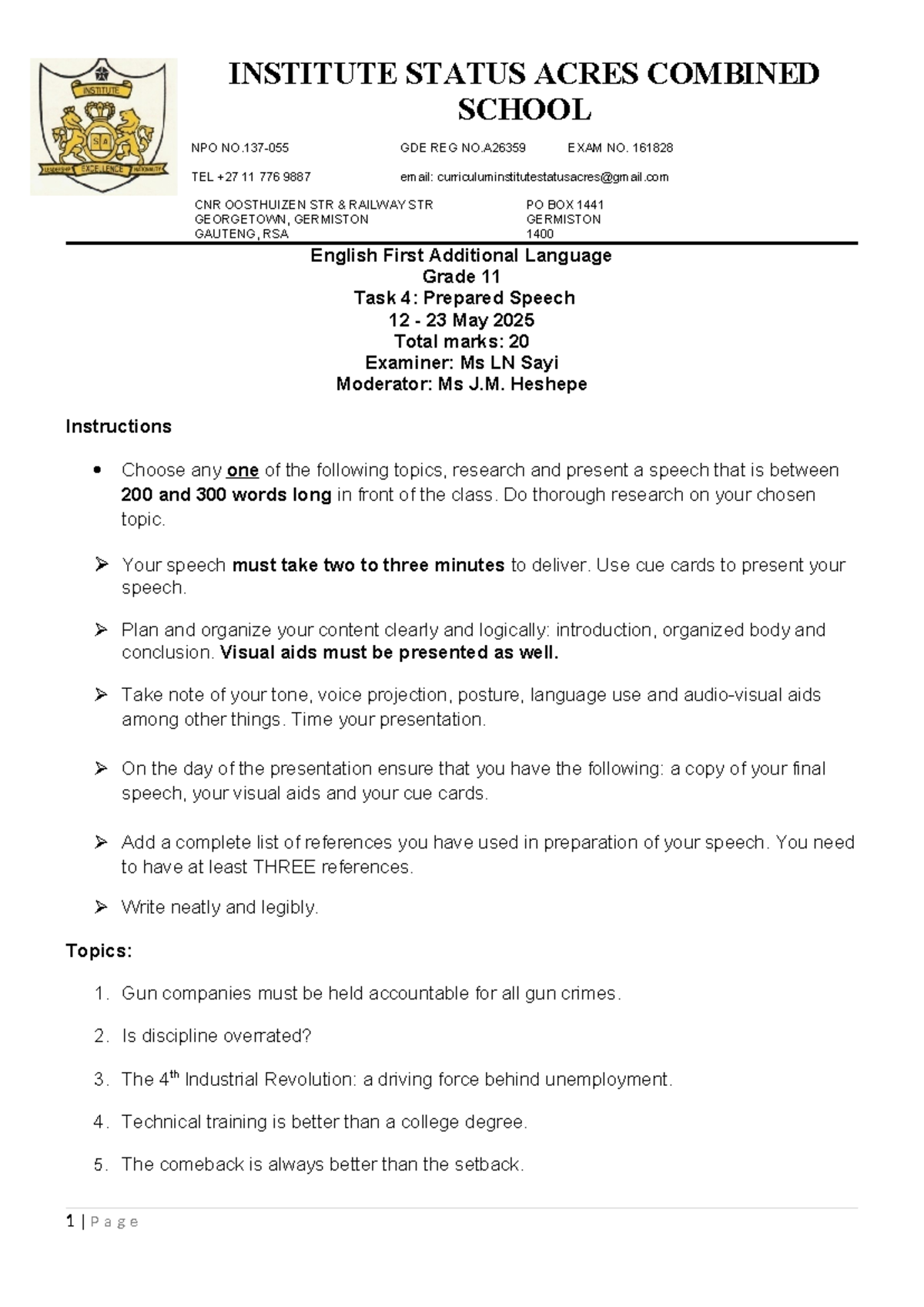Grade 11 EFAL Task 4: Prepared Speech Guidelines 2025 - Studocu