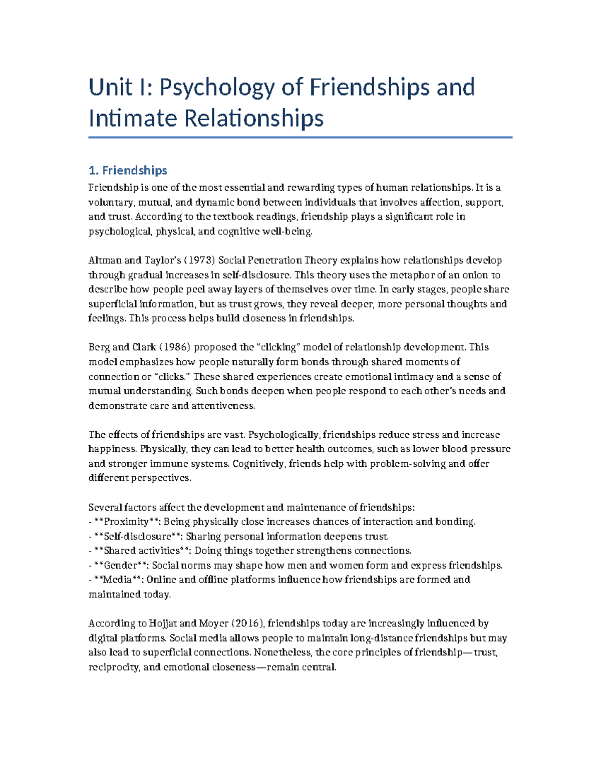 Unit I: Psychology of Friendships & Intimate Relationships Insights ...