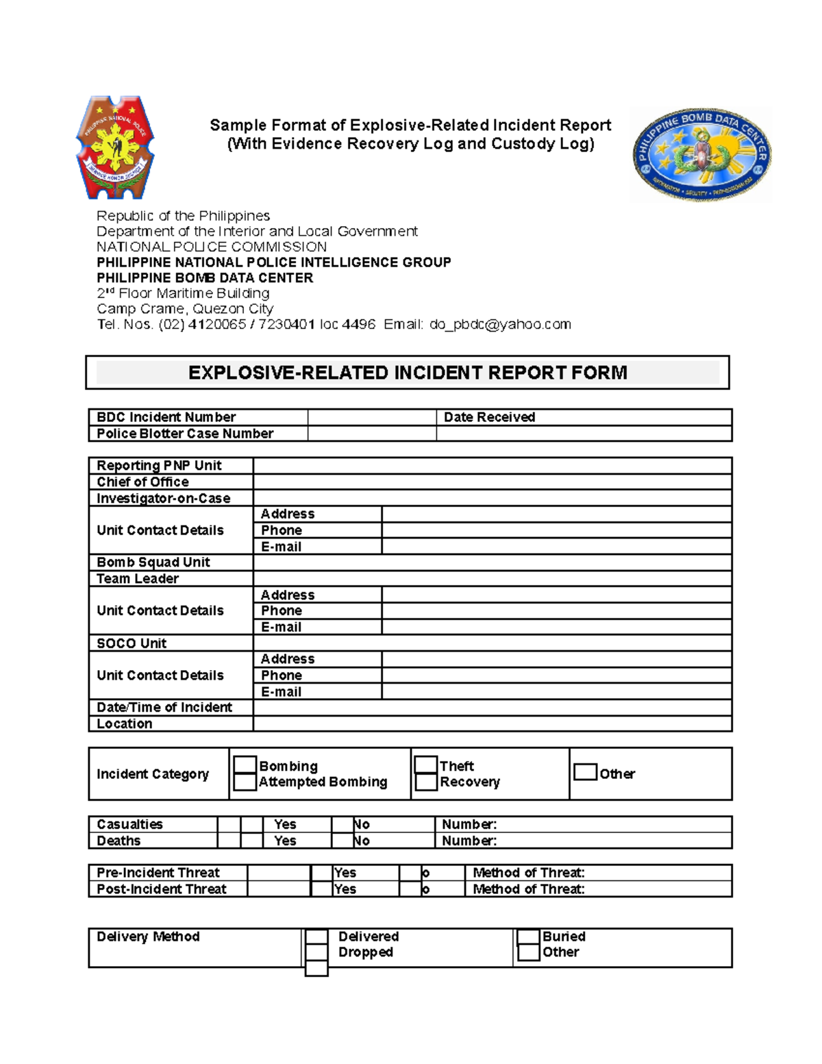 Explosive Incident Report Sample Format with Evidence Log - Studocu