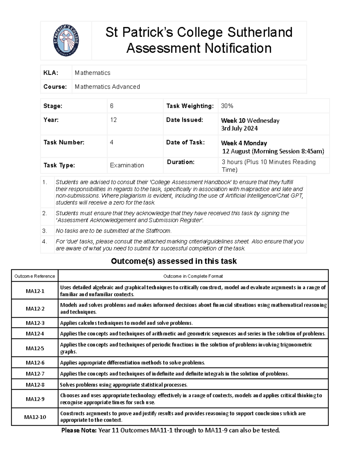 2024 Task 4 Trials Mathematics Advanced Notification - St Patrick’s ...