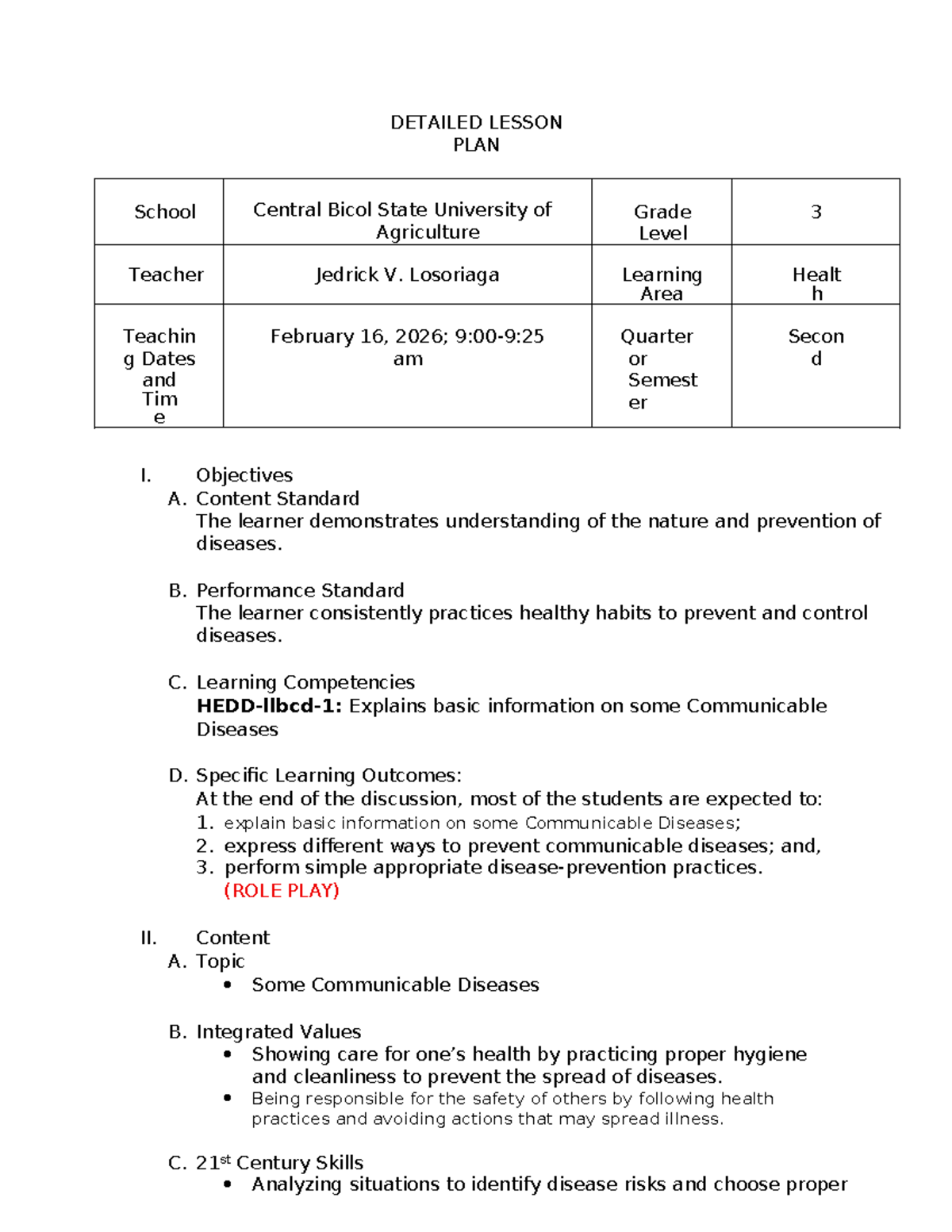 PEH Lesson Plan: Teaching Communicable Diseases & First Aid Techniques ...