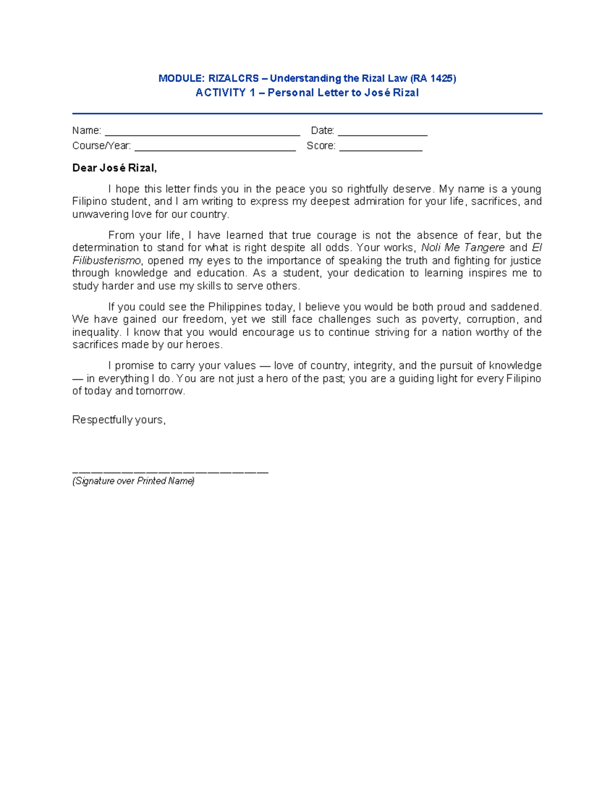 MODULE: RIZALCRS Activity 1 - Personal Letter to José Rizal - Studocu