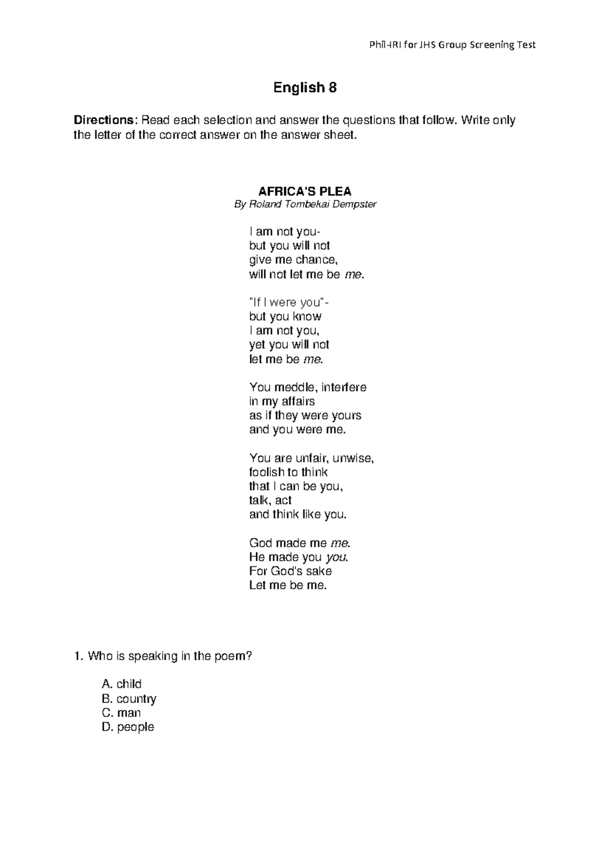 JHS Group Screening Test: English 8 Learner's Copy - Studocu