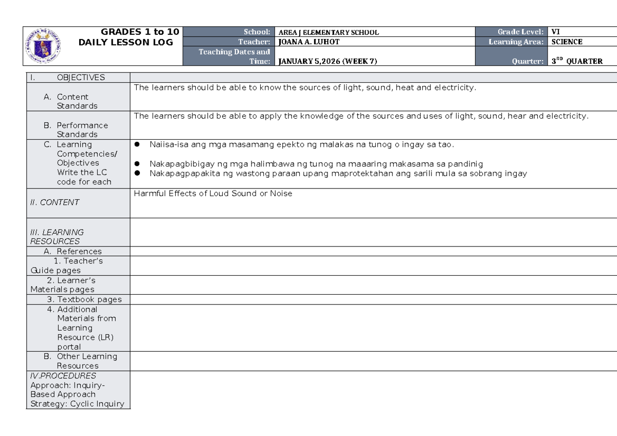 DLP CO Science VI: Daily Lesson Log on Sound Effects - Studocu