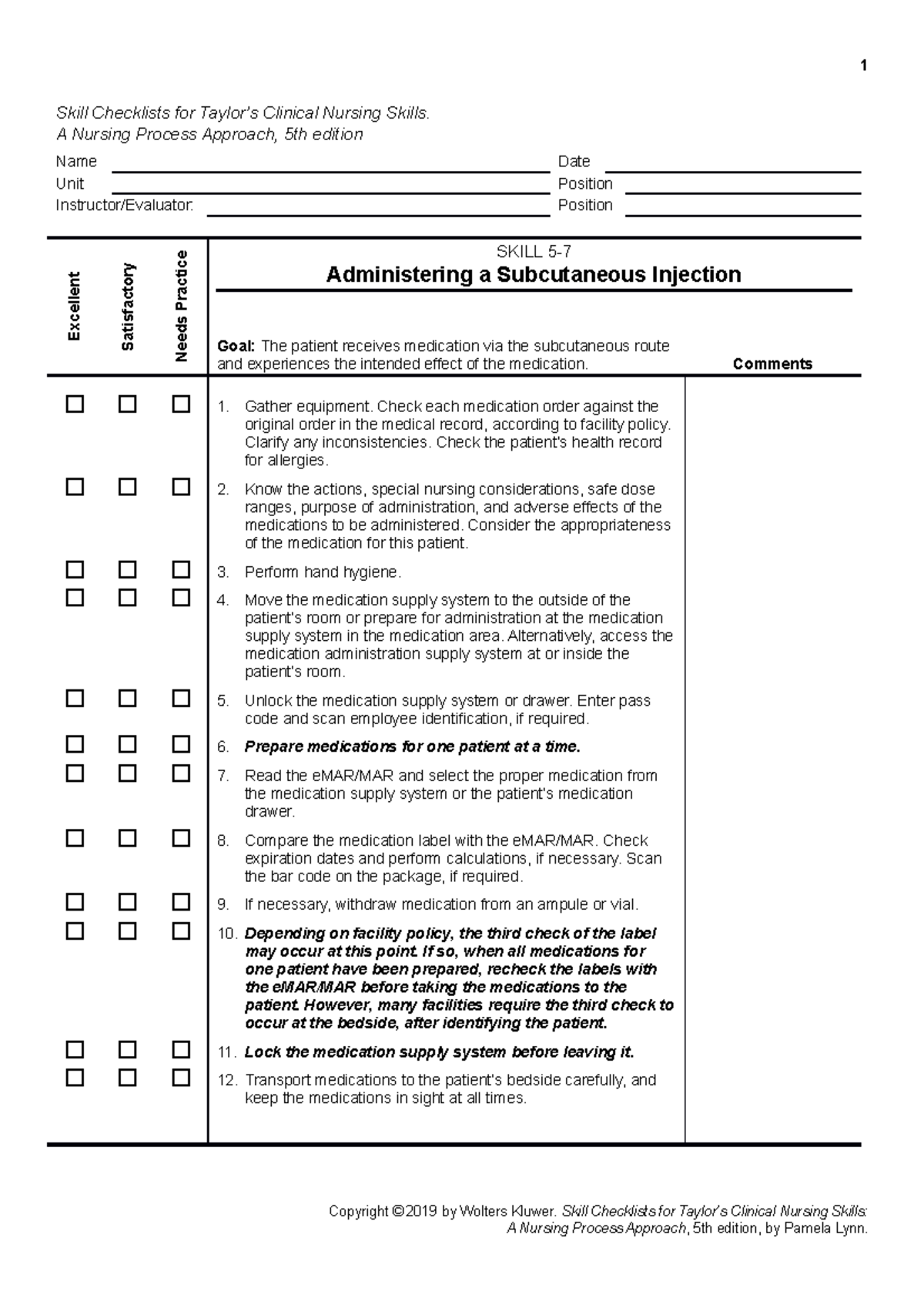 Skill 5-7: Administering Subcutaneous Injections - Checklists ...