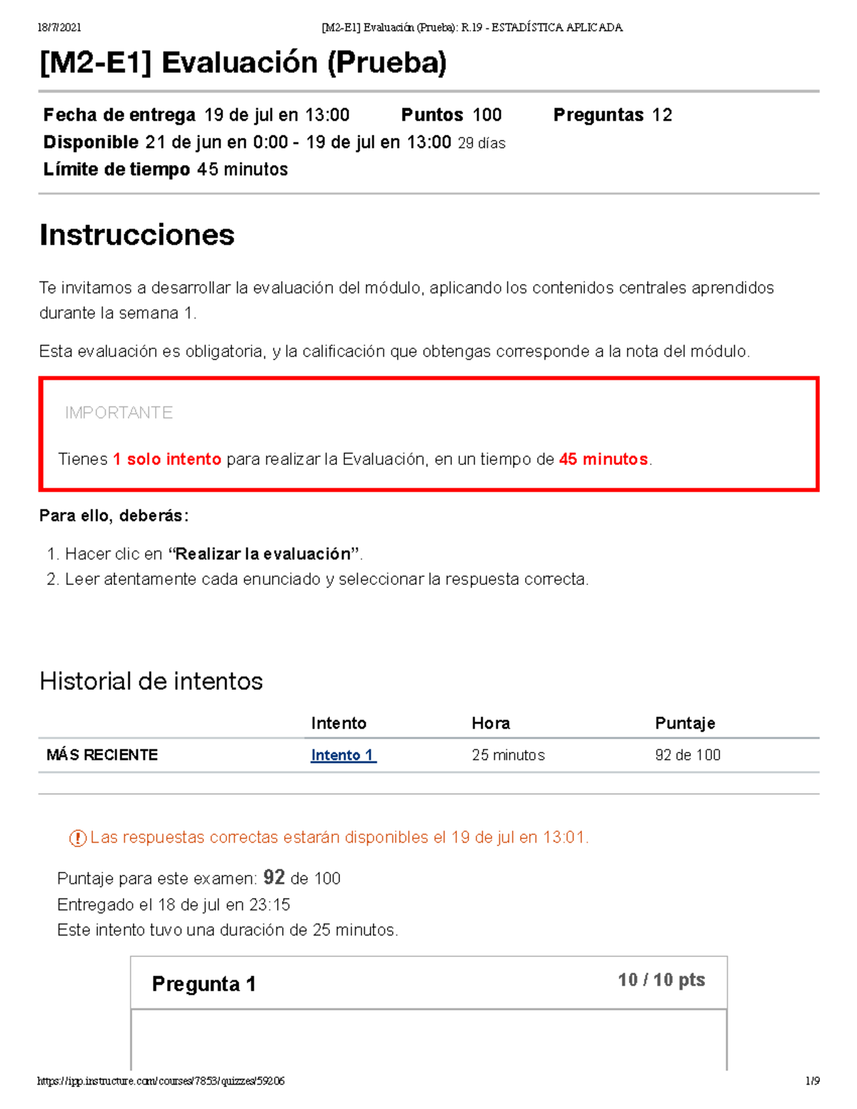 [M2-E1] Evaluación (Prueba) R.19 - Estadí Stica Aplicada - [M2-E1] Evaluación (Prueba) Fecha de ...