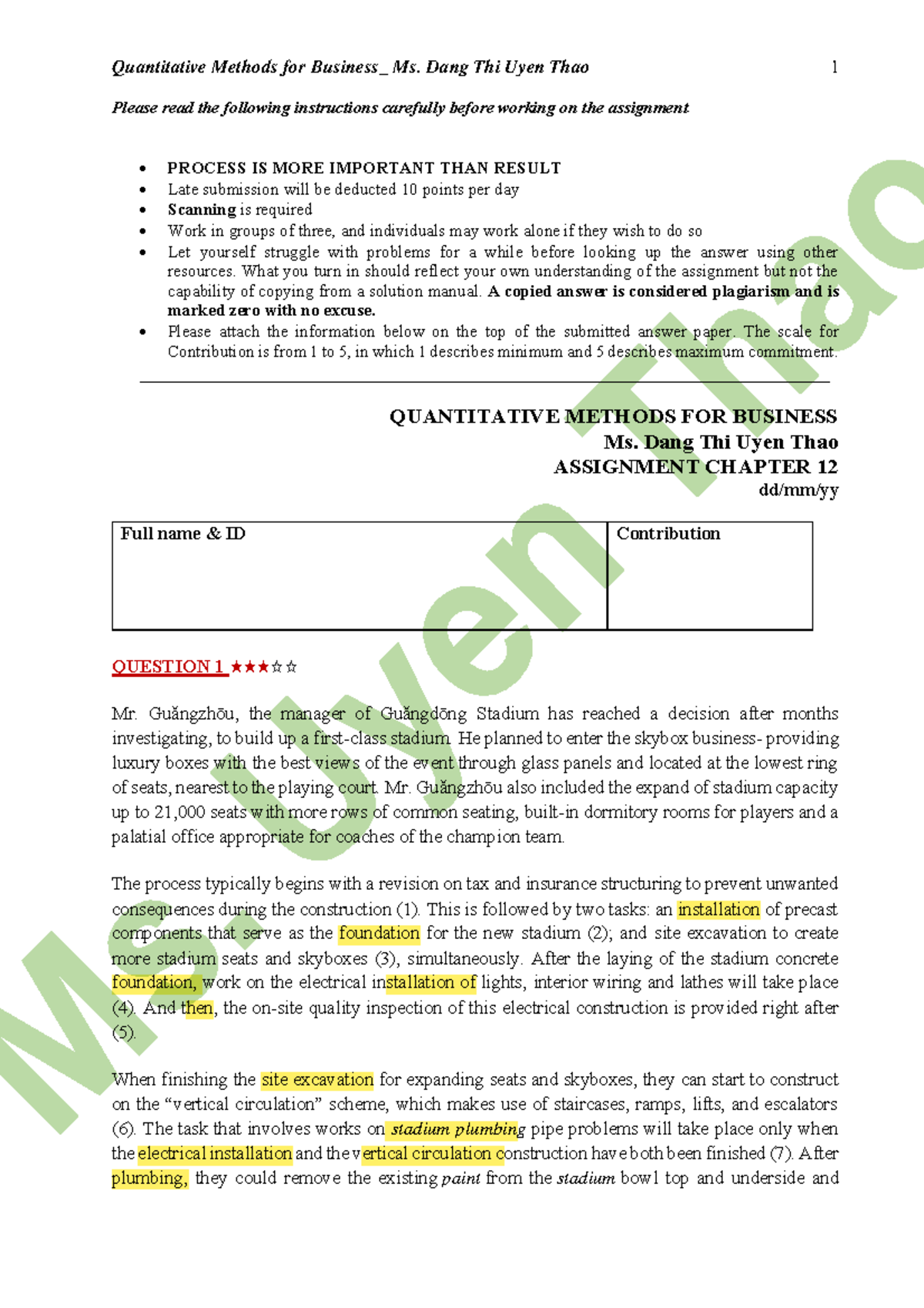 Quantitative Methods Assignment - Chapter 12 (DTUT) Guidelines - Studocu