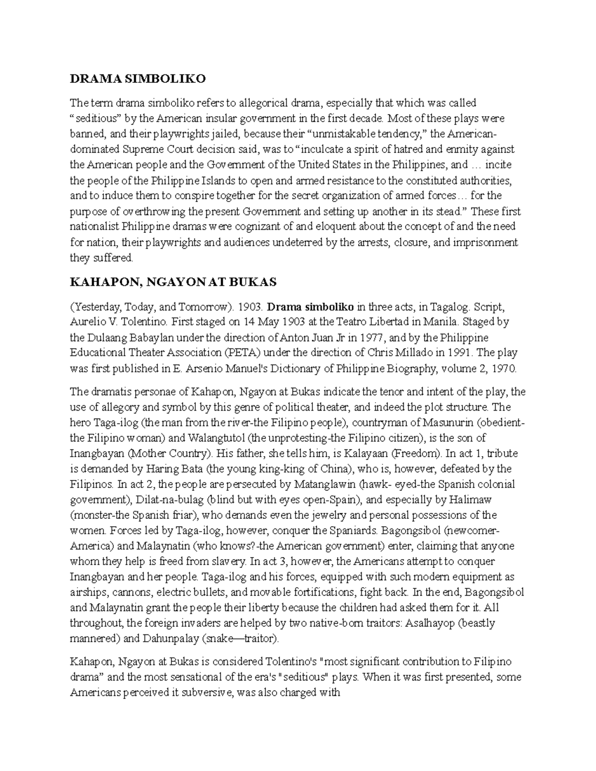 Drama Simboliko: Analyzing Seditious Plays in Philippine History - Studocu