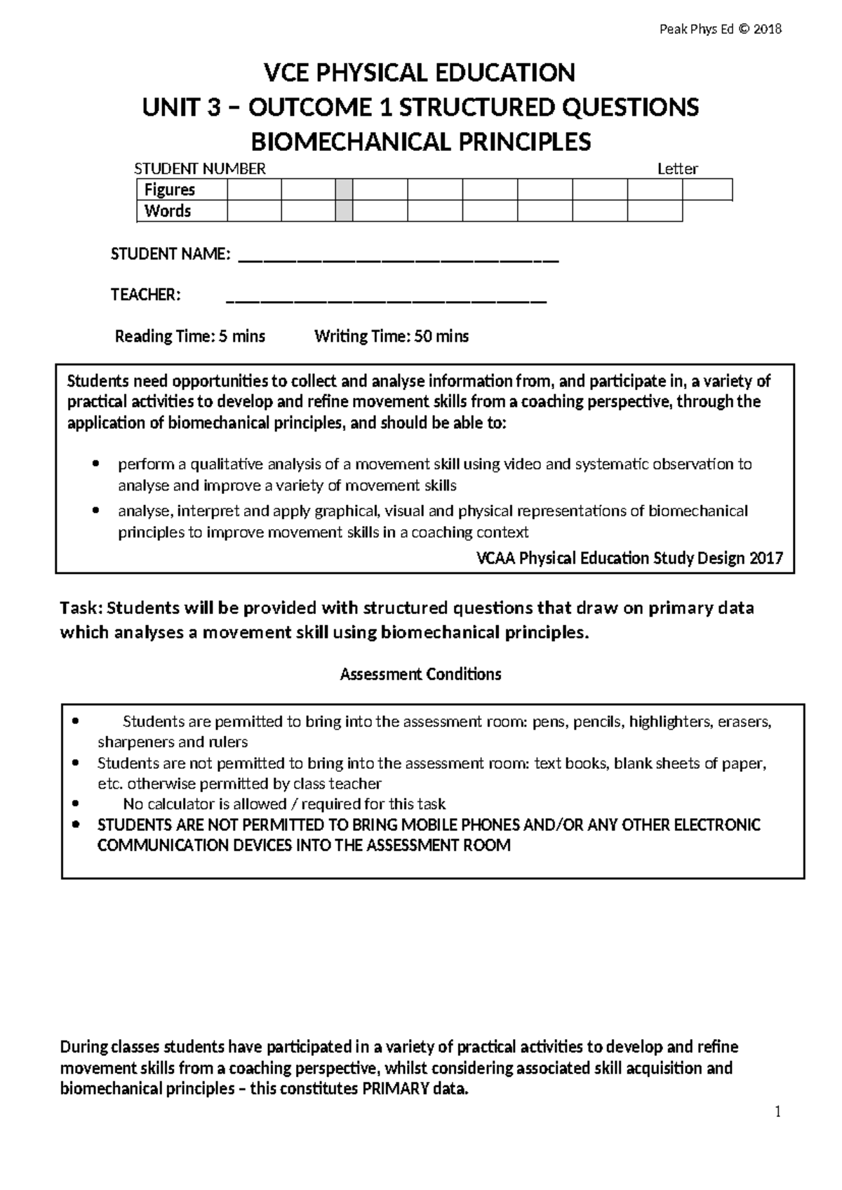 VCE PE 2018 Unit 3 AOS 1 Outcome 1 Biomechanical Principles Q&A - Studocu