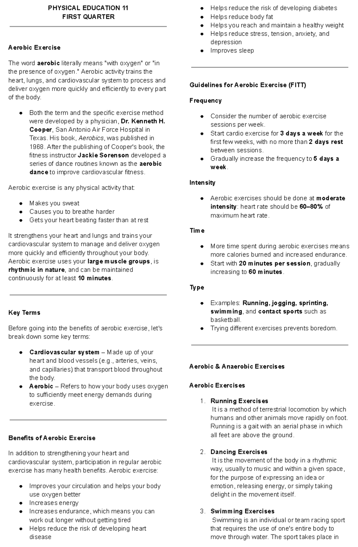 PHYSICAL EDUCATION 11 FIRST QUARTER Aerobic & Anaerobic Exercise Guide ...