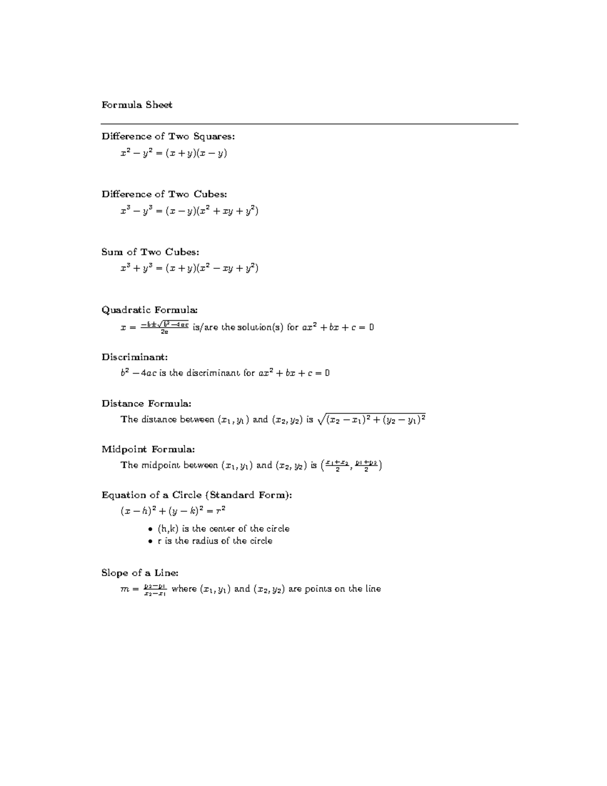 College Algebra Reference Sheet