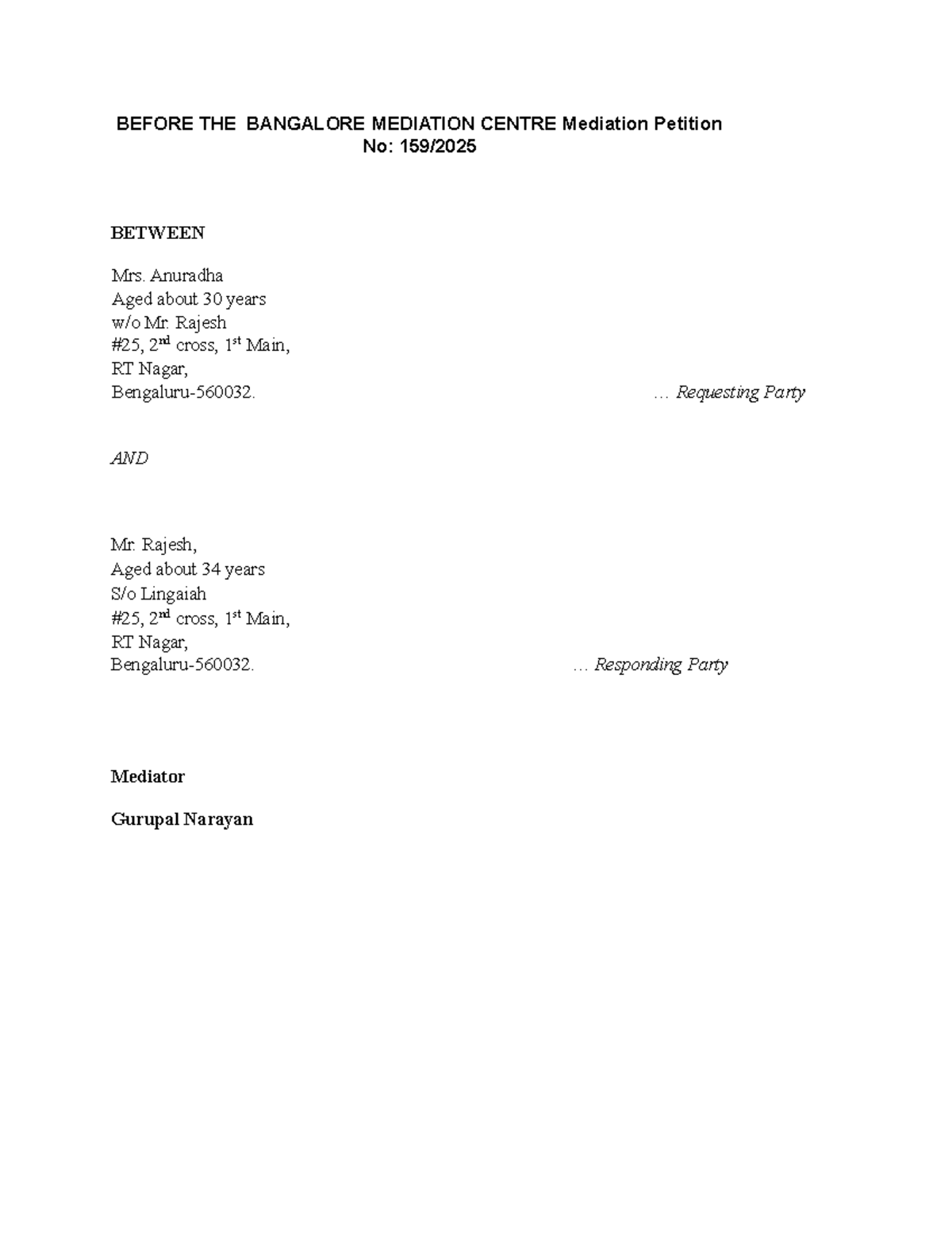 Mediation Petition No: 2025-01 - Anuradha vs. Rajesh: Settlement ...