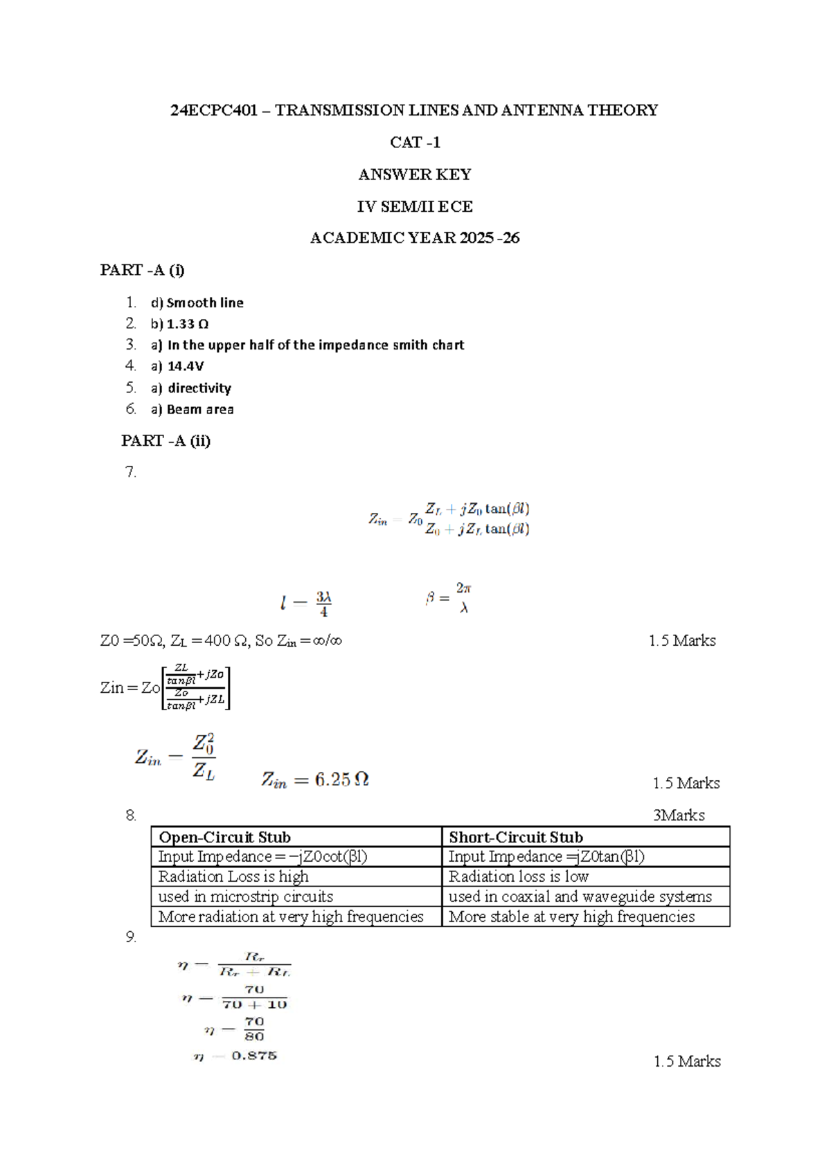 24ECPC401 Transmission Lines & Antenna Theory CAT-I Answer Key - Studocu