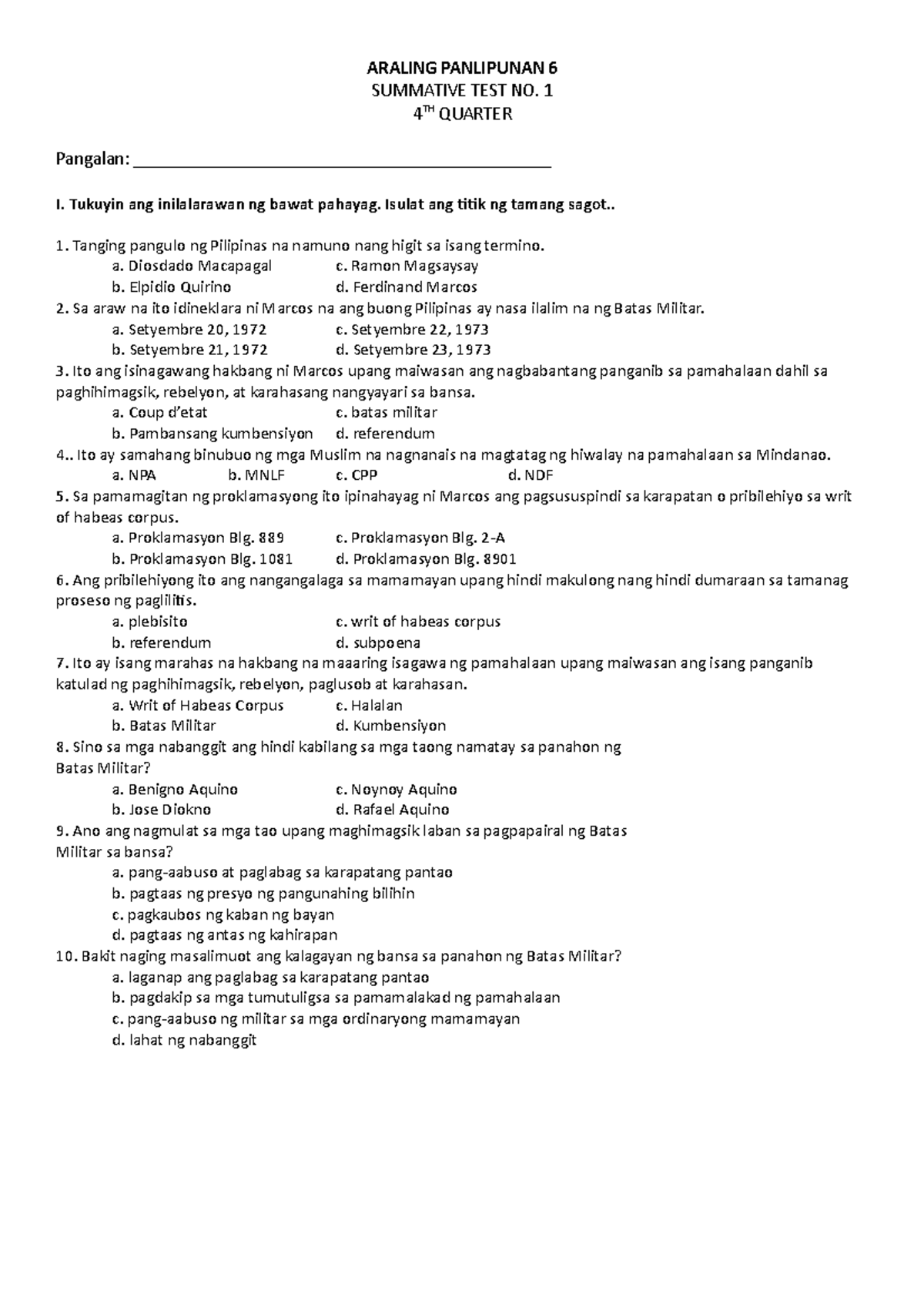 AP6 Summative Test No. 1 & 2 for 4th Quarter Exam - Studocu
