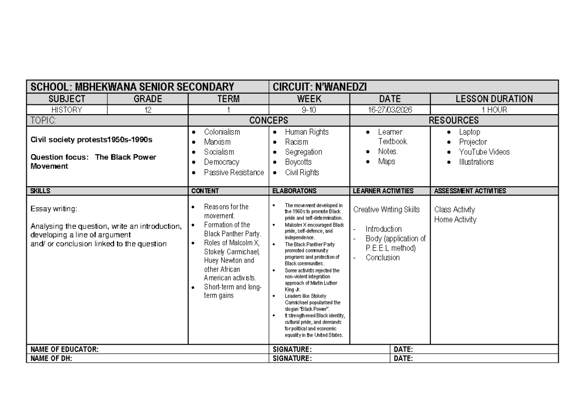 Gr12 History 12 Lesson Plan: The Black Power Movement Analysis - Studocu