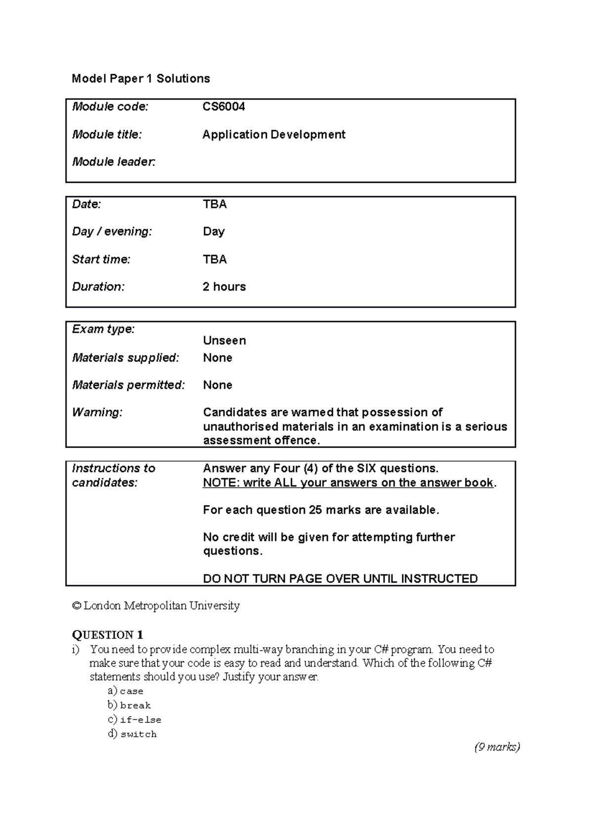 CS6004 Application Development Model Paper 1 Solutions - Studocu
