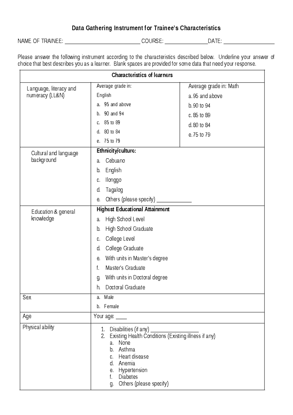 Data Gathering Instrument for Trainee Characteristics - Studocu