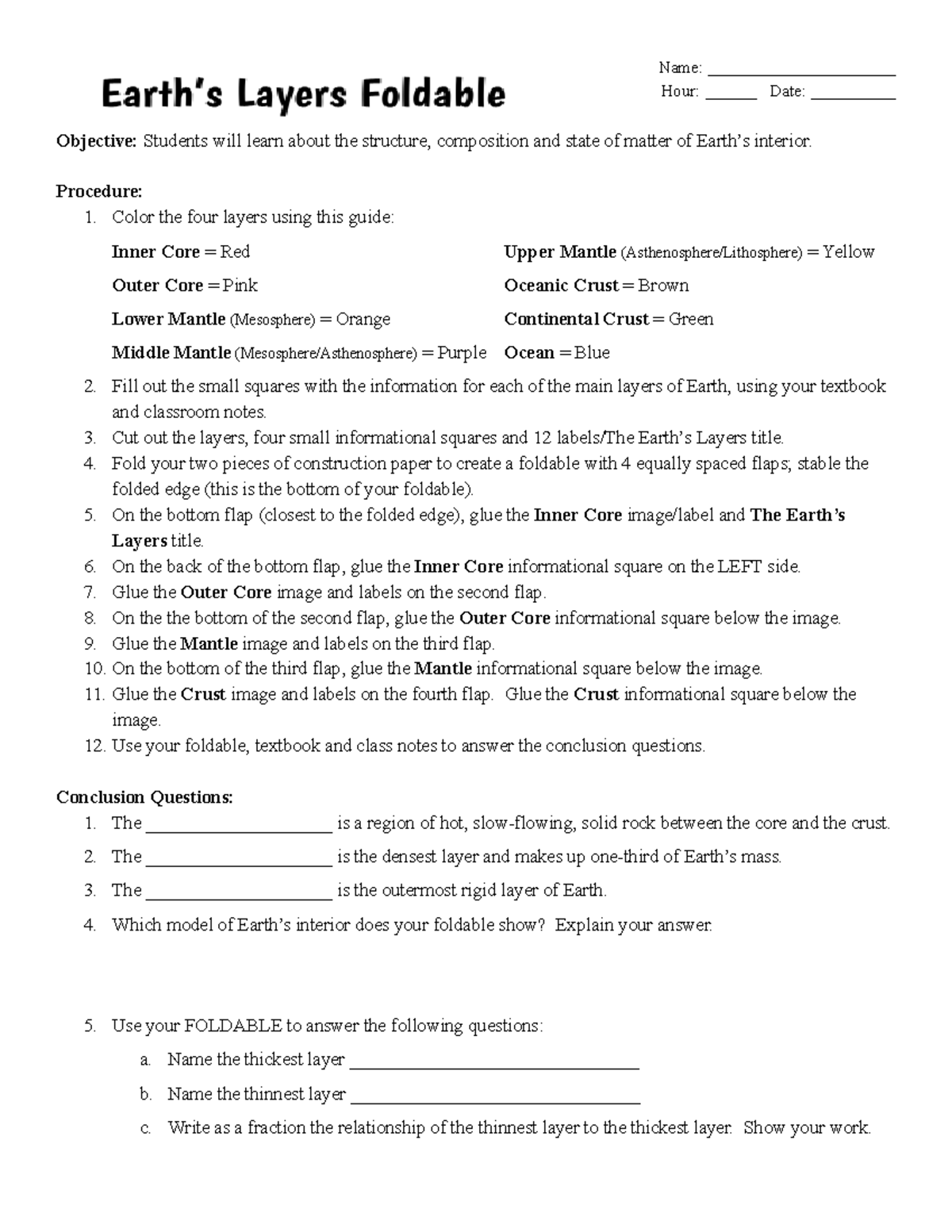Earth's Layers Foldable Worksheet: Understanding Earth's Interior - Studocu