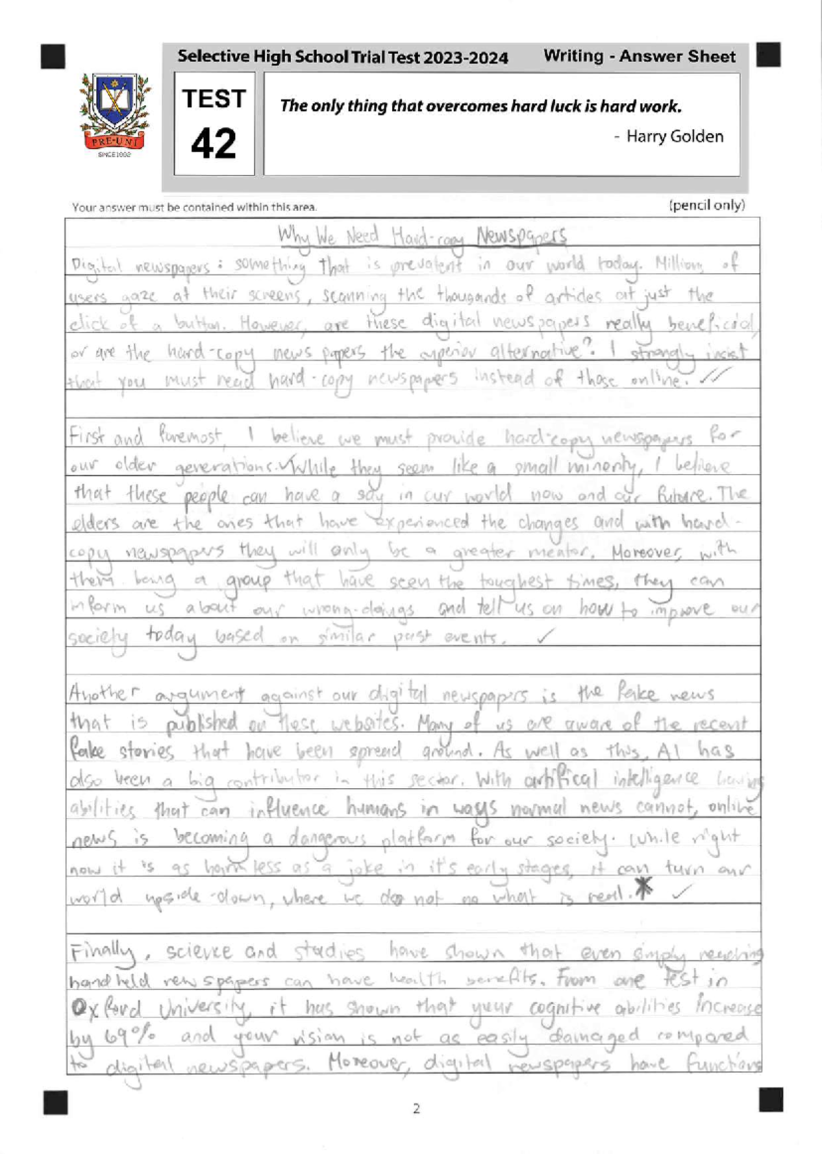 Selective High School Trial Test Writing: Why We Need Newspapers - Studocu