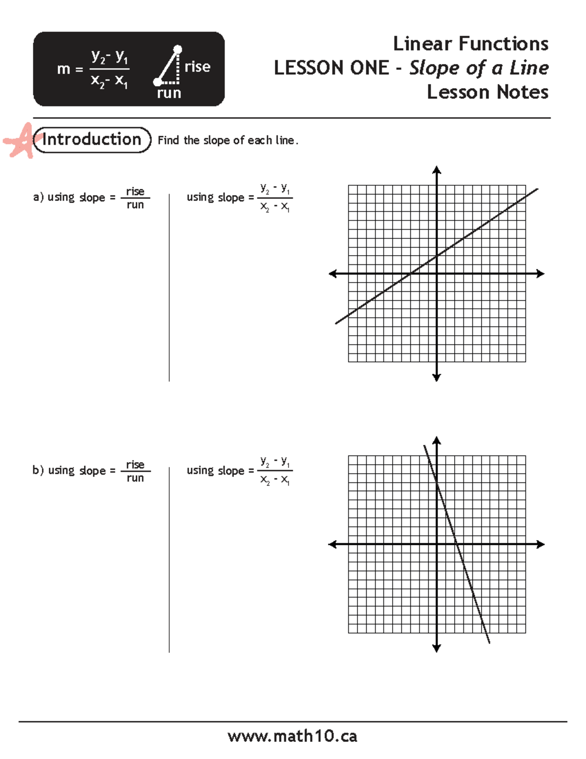 Math10 Linear Functions Lesson Notes: Slope of a Line - Studocu