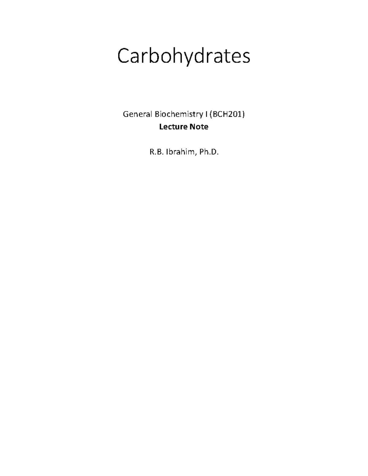 Carbohydrate Overview and Classification BCH201 Lecture Notes - Studocu