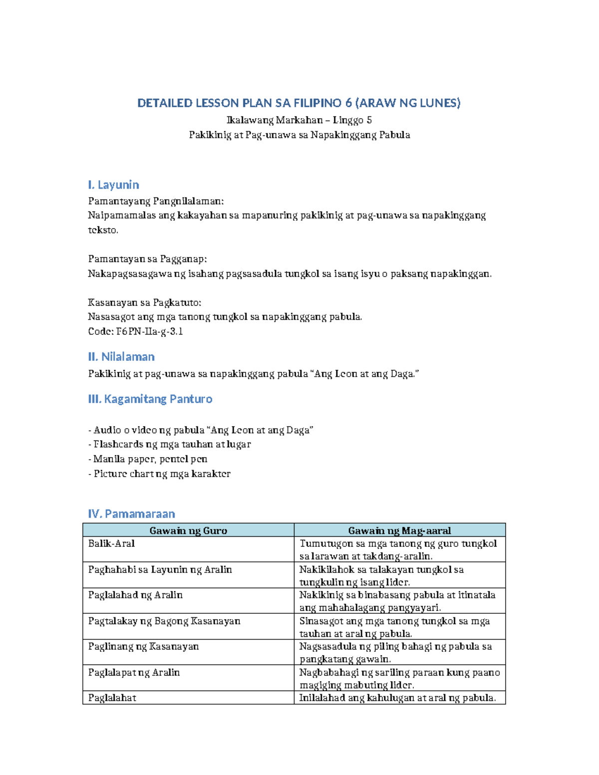 Detailed Lesson Plan: Filipino 6 (Ikalawang Markahan, Linggo 5) - Studocu