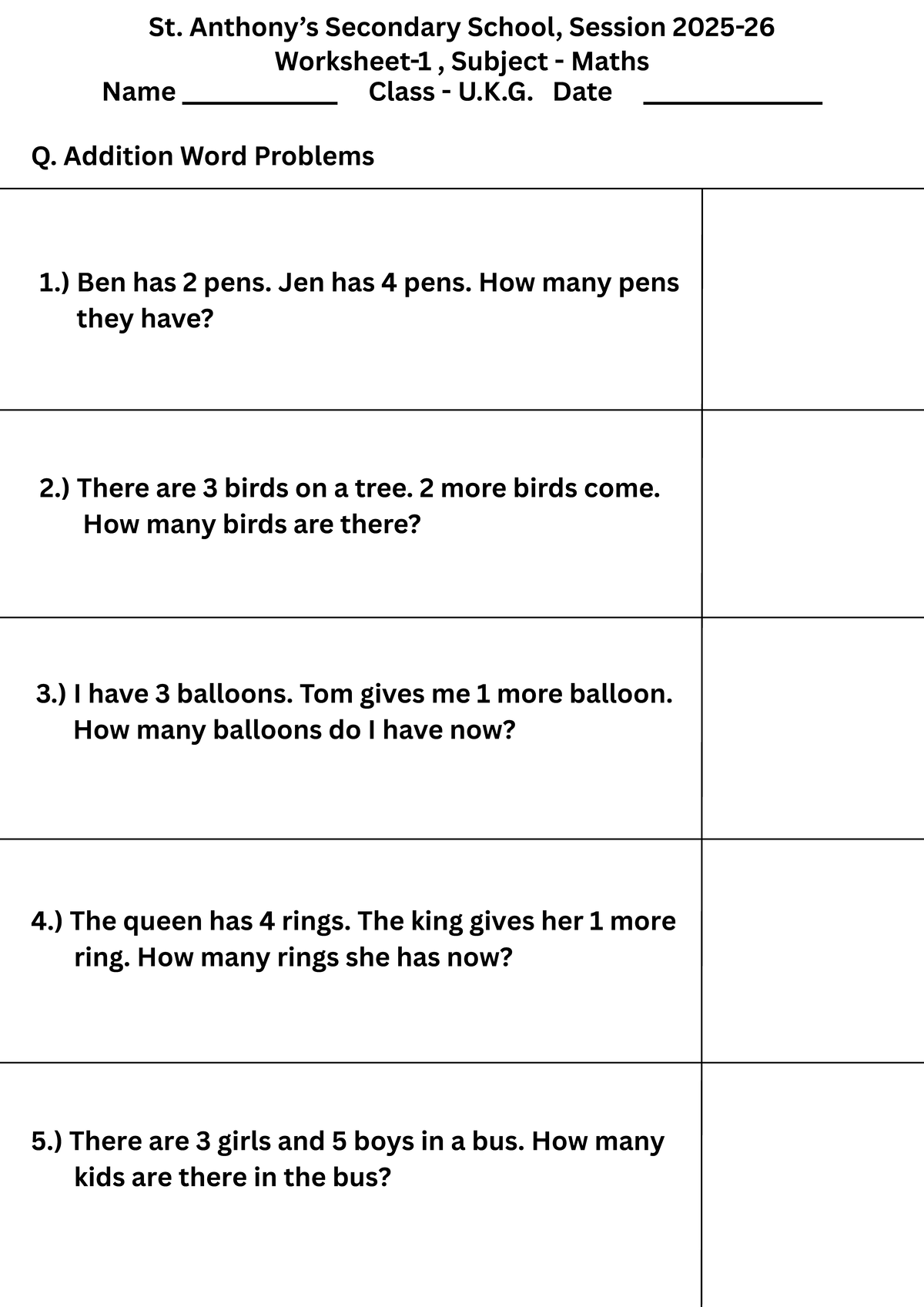 U.K.G. Maths Worksheet: Addition Word Problems - Studocu