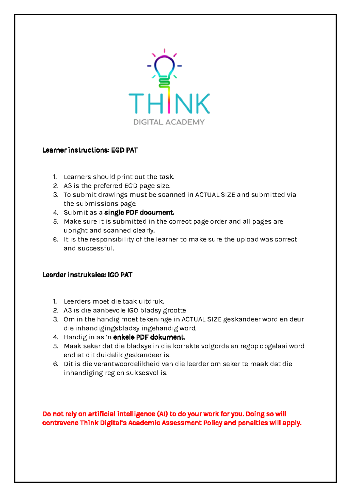 IGO PAT 1: Learner Instructions for Practical Assessment Task - Studocu