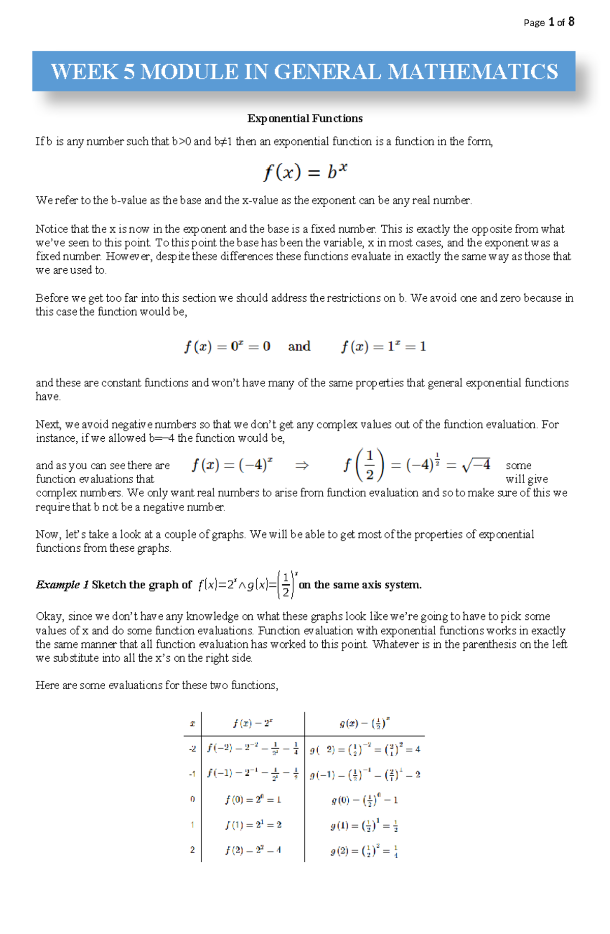 Quarter 1 WEEK 5 GEN MATH 11 - Exponential Functions If b is any number such that b>0 and b≠1 ...