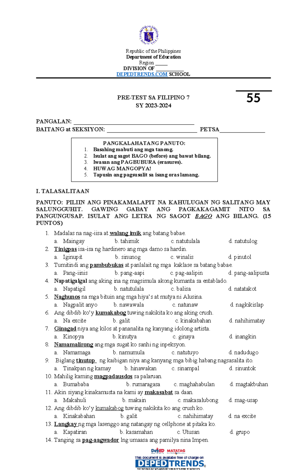 Fil 7 pre test sy 2023-2024 - Republic of the Philippines Department of ...