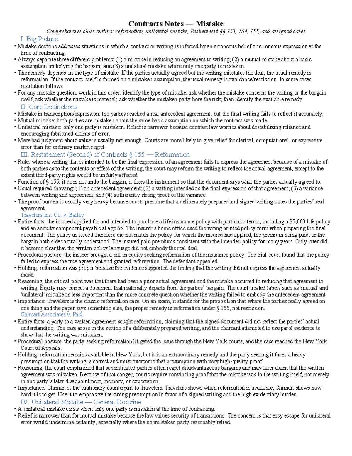 Contracts (LAW 301) Notes: Comprehensive Outline on Mistakes and ...
